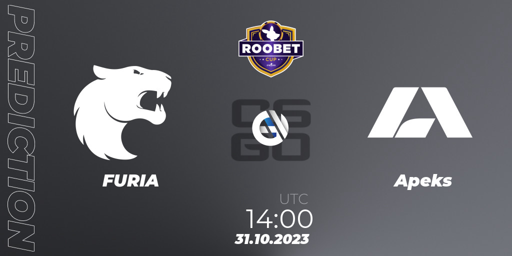 FURIA contre Apeks : prédiction de match. 31.10.2023 at 14:00. Counter-Strike (CS2), Roobet Cup 2023